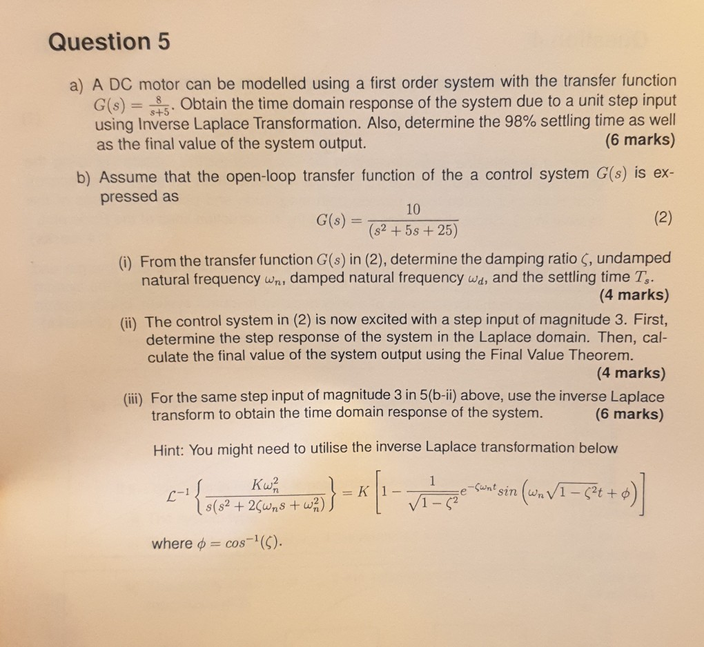 Solved Question5 a) A DC motor can be modelled using a first | Chegg.com