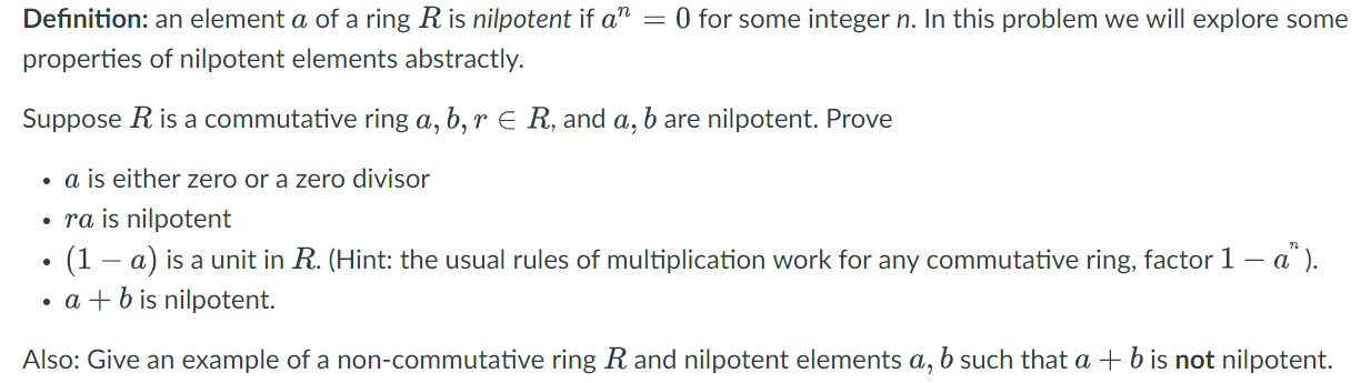 Solved Definition: an element a of a ring R is nilpotent if | Chegg.com