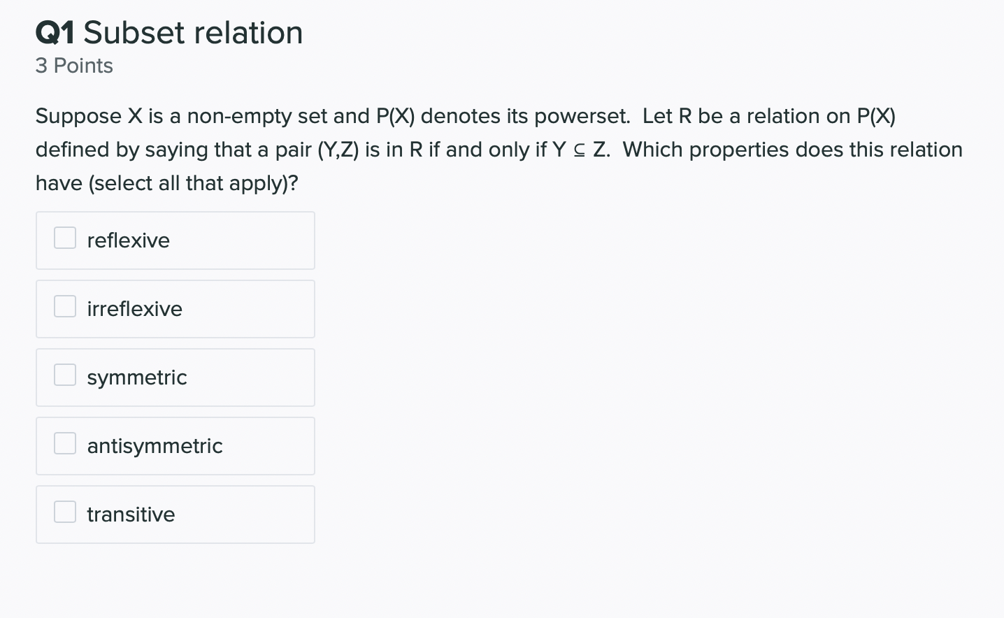 Solved Q1 Subset relation 3 Points Suppose X is a non-empty | Chegg.com