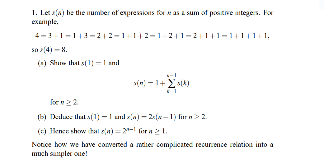 Solved 1. Let s(n) be the number of expressions for n as a | Chegg.com