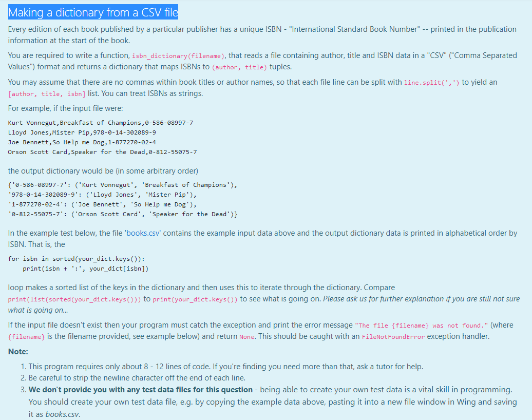 Solved Making A Dictionary From A CSV File Every Edition Of Chegg