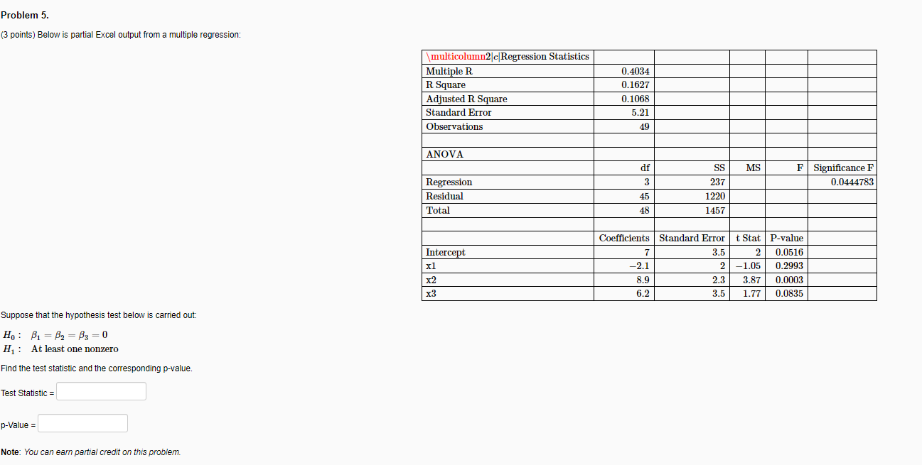 Solved Problem 5 3 Points Below Is Partial Excel Output 