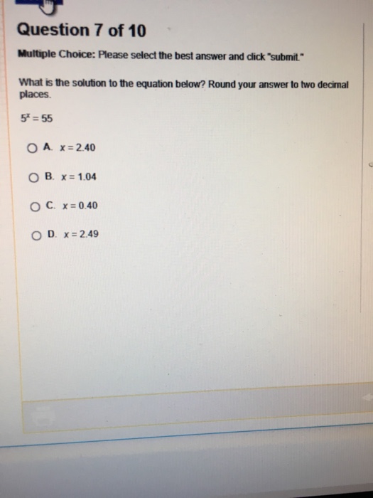 Solved What is the solution to the equation below? 5^x = 55 | Chegg.com