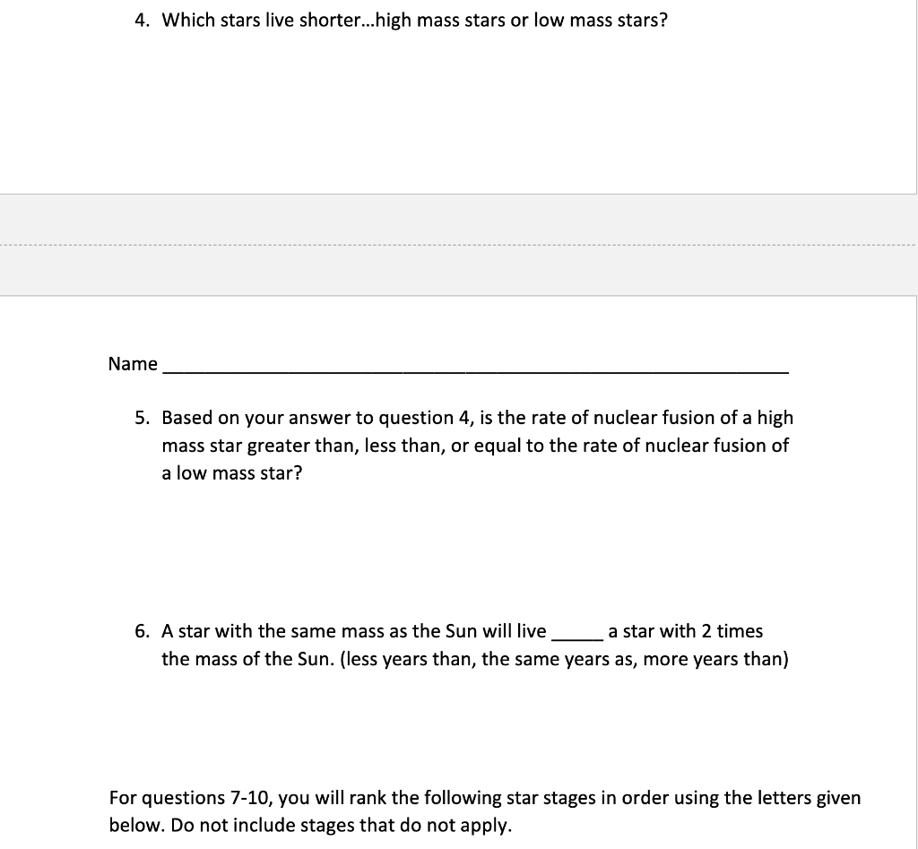 Solved Stellar Evolution Exercise Adapted from Lecture | Chegg.com