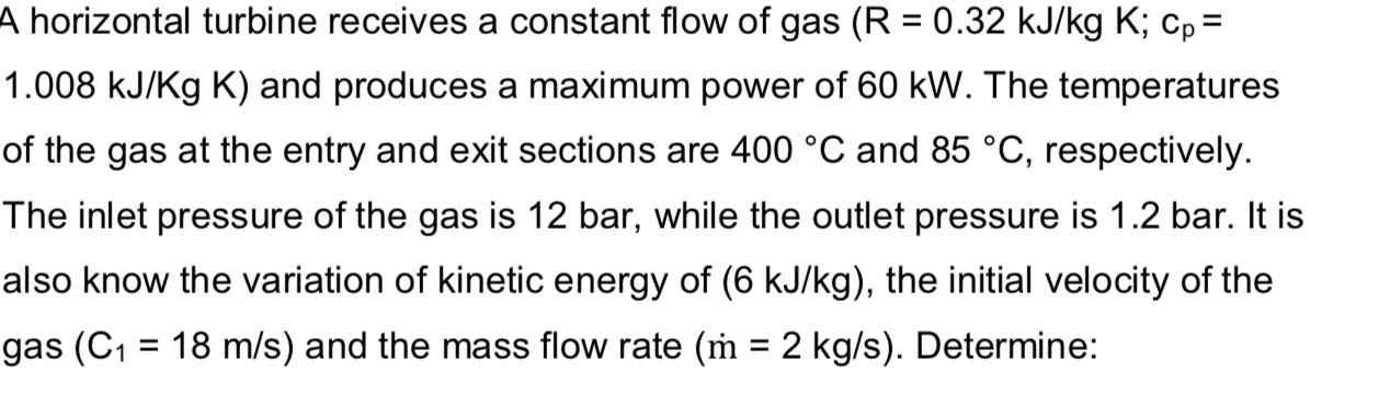 Solved A horizontal turbine receives a constant flow of gas | Chegg.com