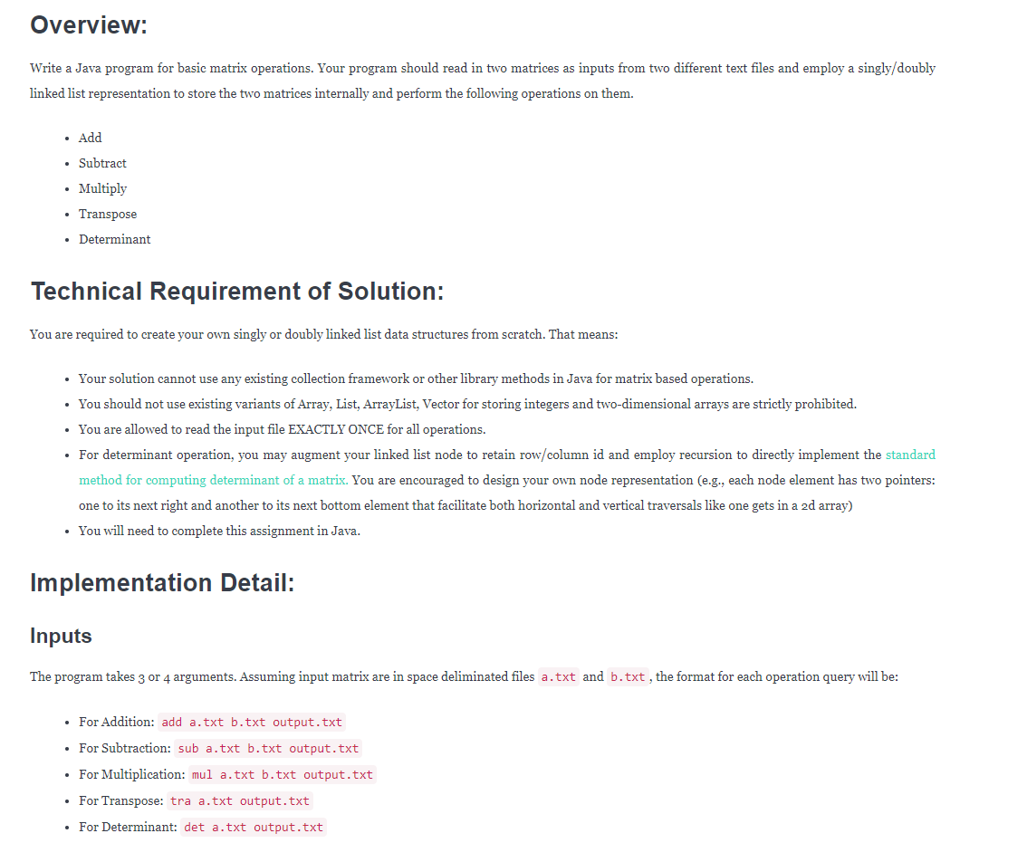 Solved Overview: Write a Java program for basic matrix | Chegg.com