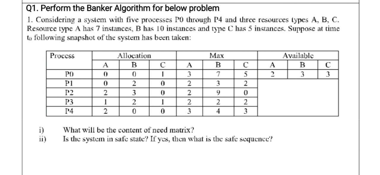 Solved Q1 Perform The Banker Algorithm For Below Problem 1