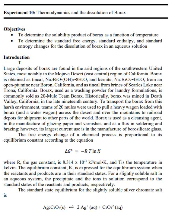 Experiment 10: Thermodynamics and the dissolution of | Chegg.com