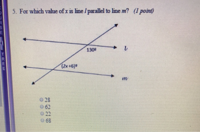 Solved For which value of x is line l parallel to line m? | Chegg.com
