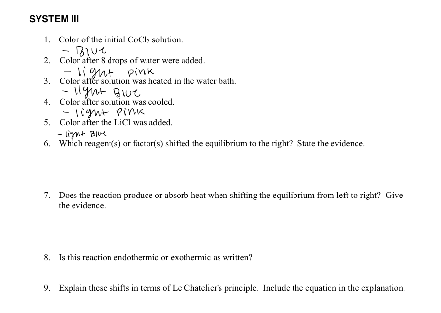Solved SYSTEM III 1. Color of the initial CoCl2 solution. | Chegg.com
