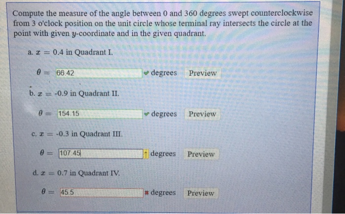 Solved Compute the measure of the angle between 0 and 360 | Chegg.com