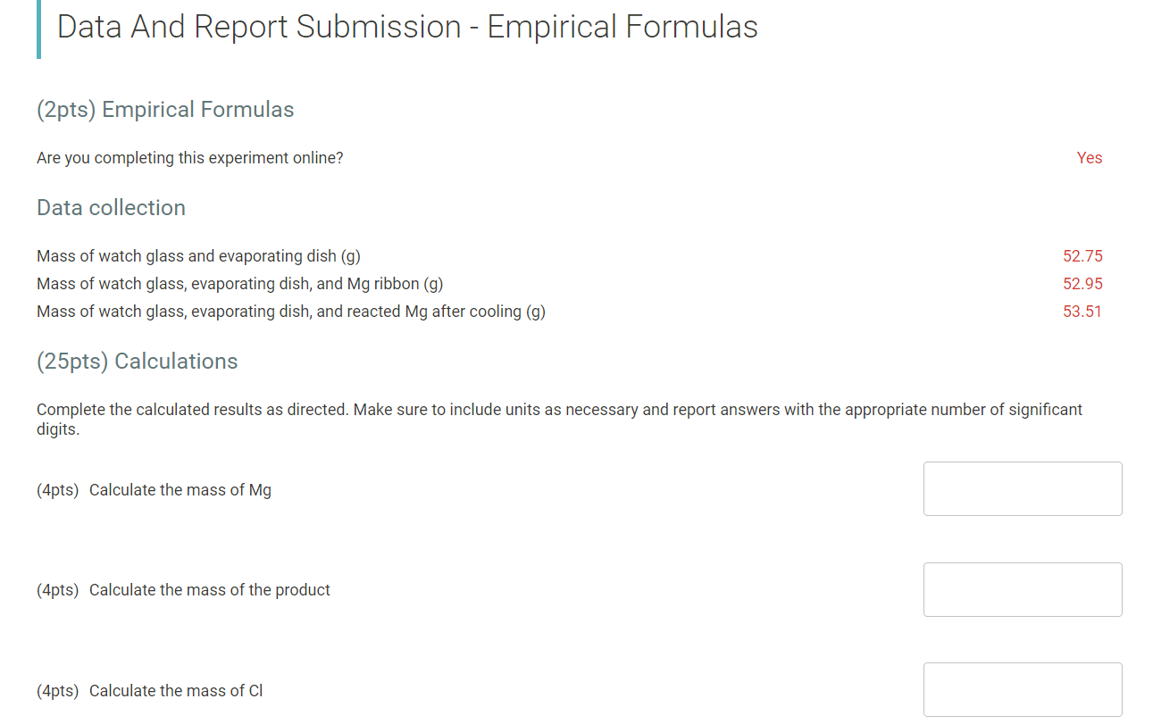 Solved Data And Report Submission - Empirical Formulas | Chegg.com