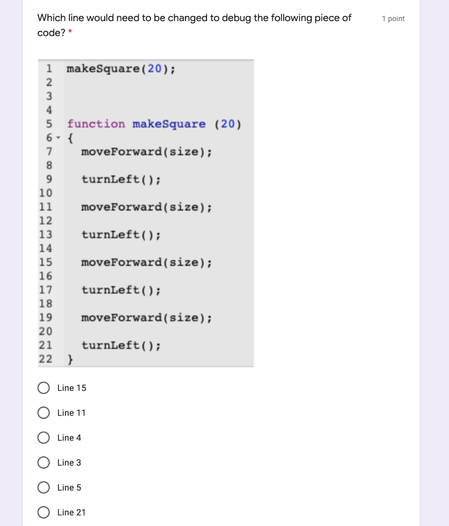 Solved 1 point Which line would need to be changed to debug | Chegg.com