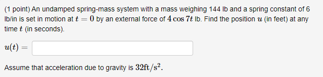 Solved (1 point) An undamped spring-mass system with a mass | Chegg.com