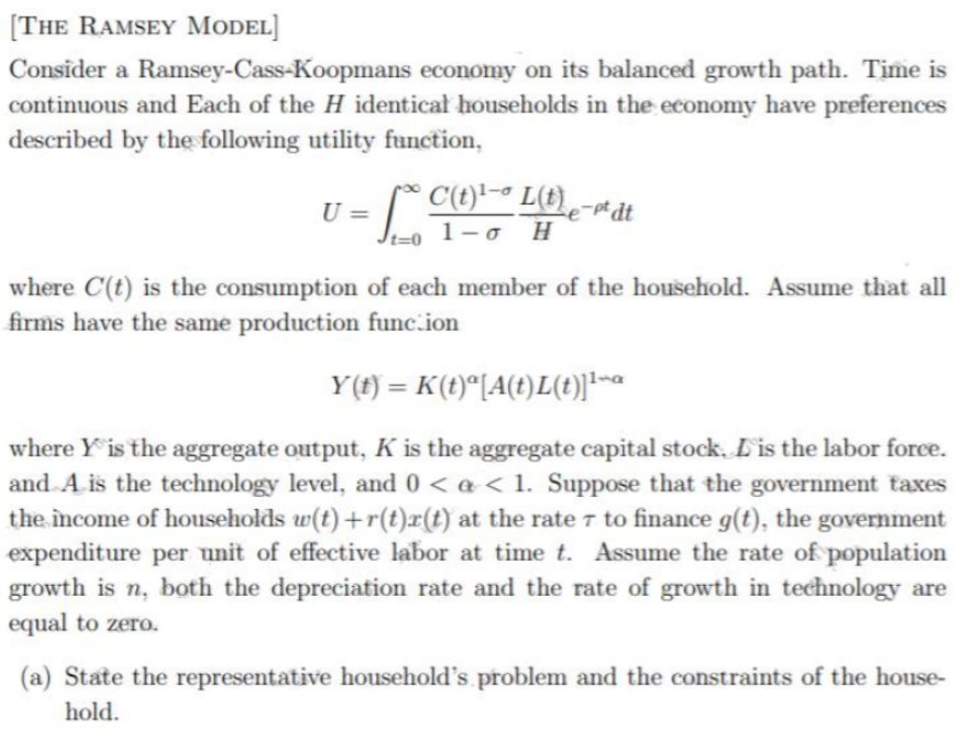 [THE RAMSEY MODEL) Consider a Ramsey-Cass-Koopmans | Chegg.com