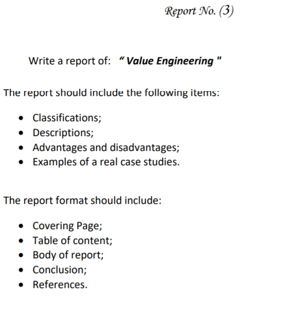 Solved Report No. (3) Write a report of: “Value Engineering" | Chegg.com
