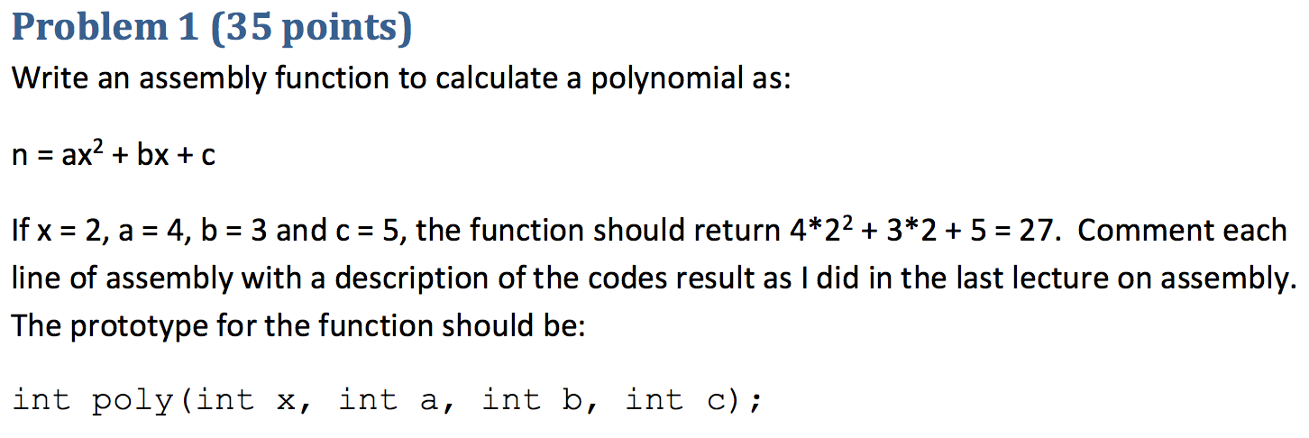 Problem 1 (35 points) Write an assembly function to | Chegg.com
