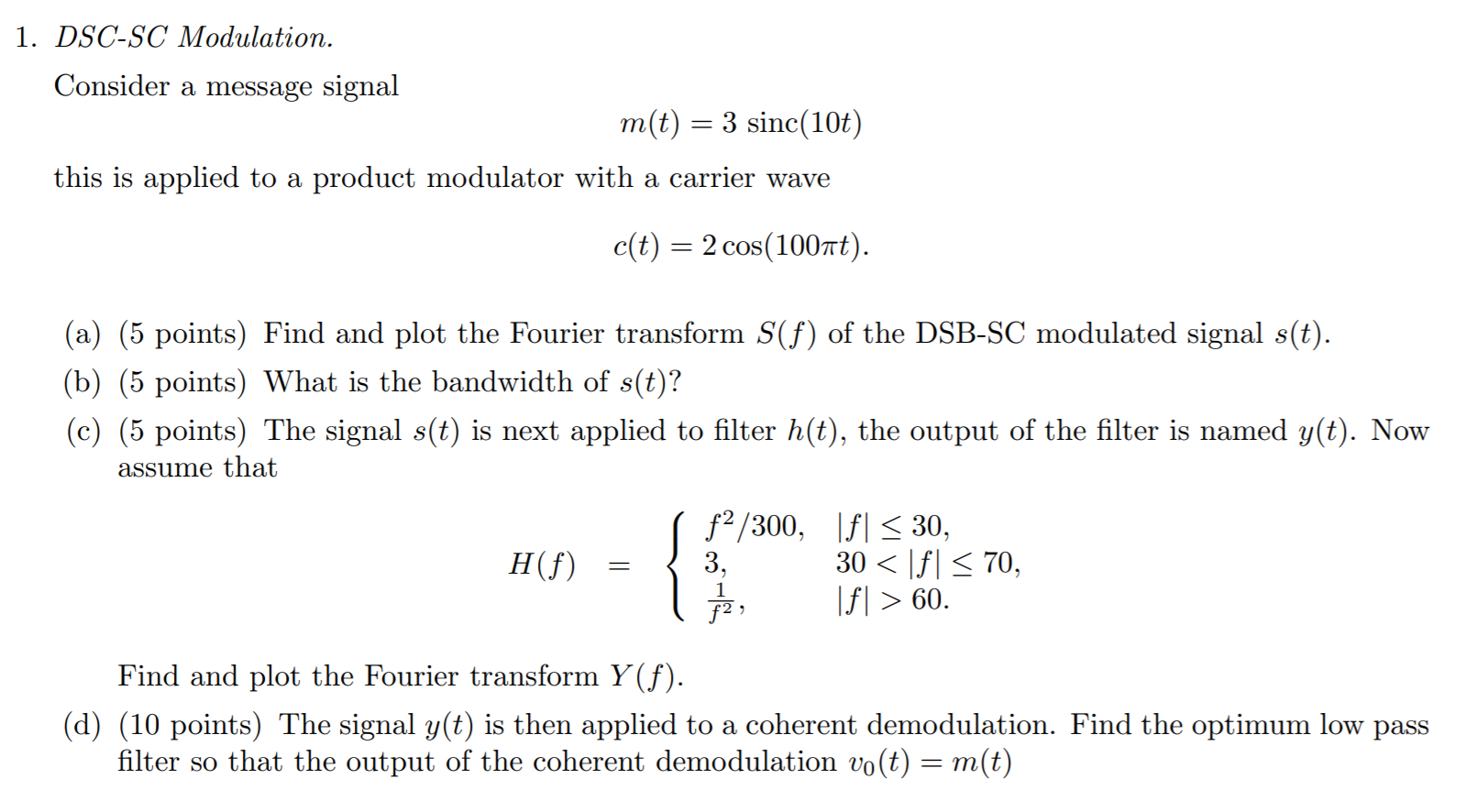 Solved 1. DSC-SC Modulation. Consider a message signal m(t) | Chegg.com