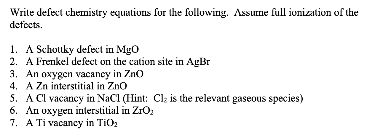 Solved Write defect chemistry equations for the following. | Chegg.com