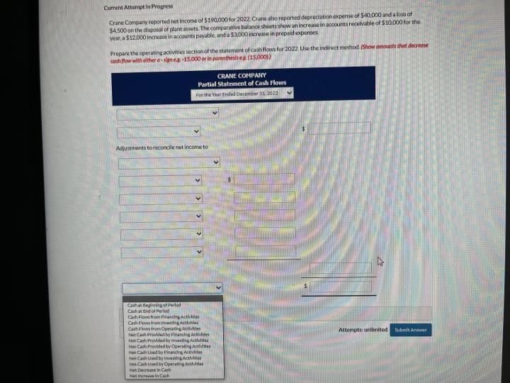 Solved Current Attempt in Progress Crane Comparry reported | Chegg.com
