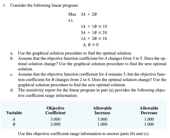 Solved 1. Consider the following linear program: 1A + 1B ≤ | Chegg.com