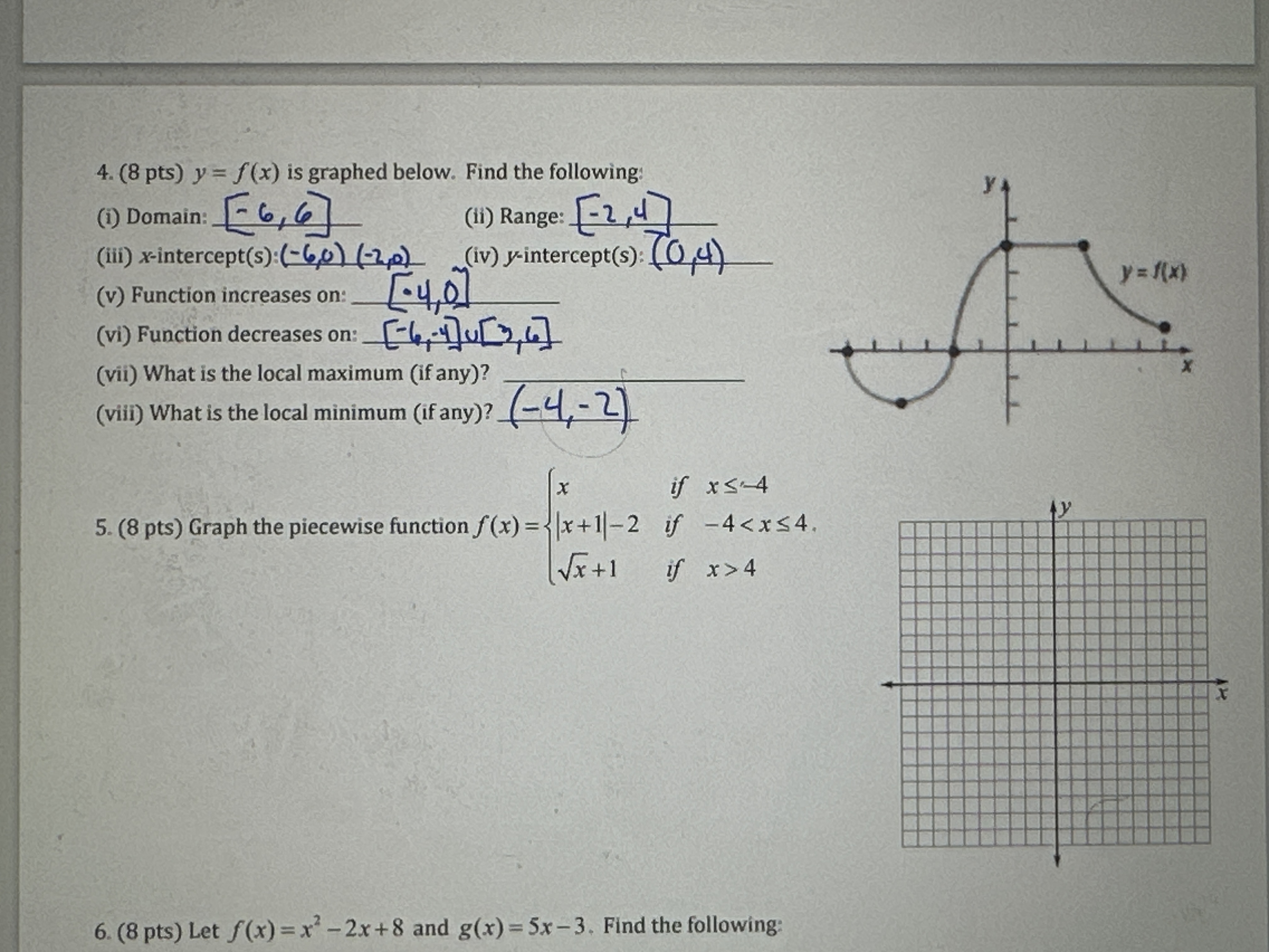 Solved 4. (8 pts) y=f(x) is graphed below. Find the | Chegg.com