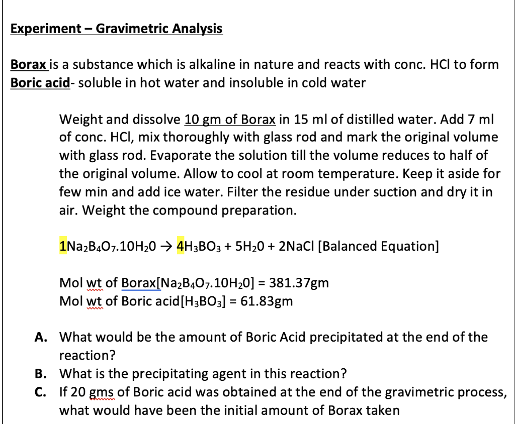 Solved Experiment - Gravimetric Analysis Borax is a | Chegg.com