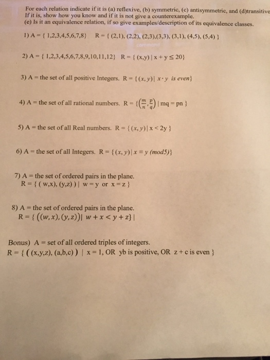Solved For each relation indicate if it is (a) reflexive, | Chegg.com