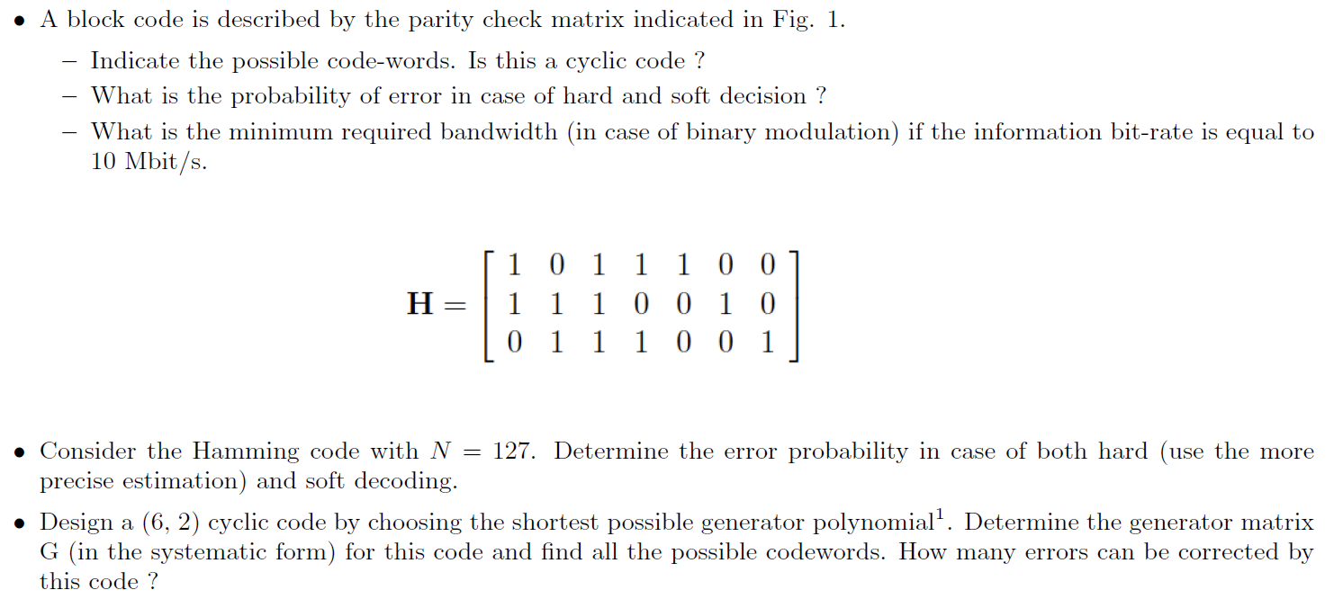 Solved A block code is described by the parity check matrix | Chegg.com