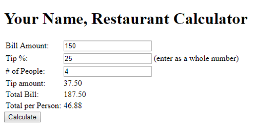 Solved Create a Restaurant Calculator create a Web page | Chegg.com