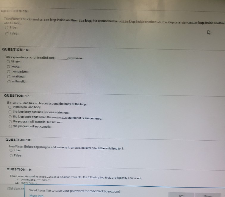 Solved QUESTION 15 TruelFalse: You can nest a for loop | Chegg.com