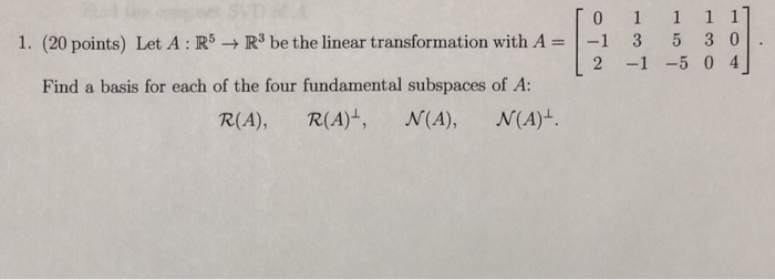 Solved 1. (20 points) Let A:R5R3 be the linear | Chegg.com