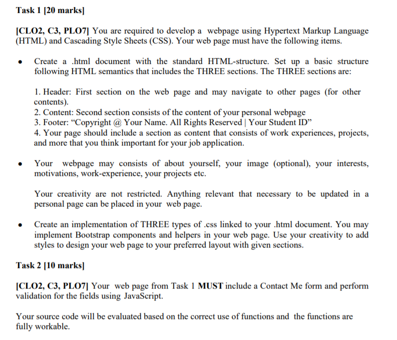 Solved Task 1 [20 marks] [CLO2, C3, PLO7] You are required | Chegg.com