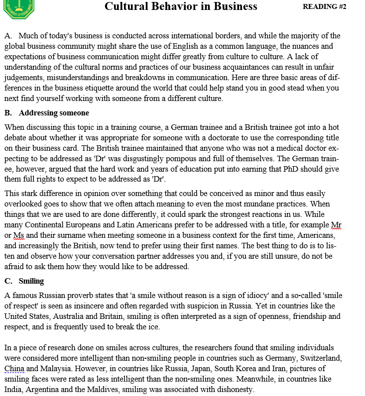 Solved Cultural Behavior in Business READING #2 A. Much of | Chegg.com