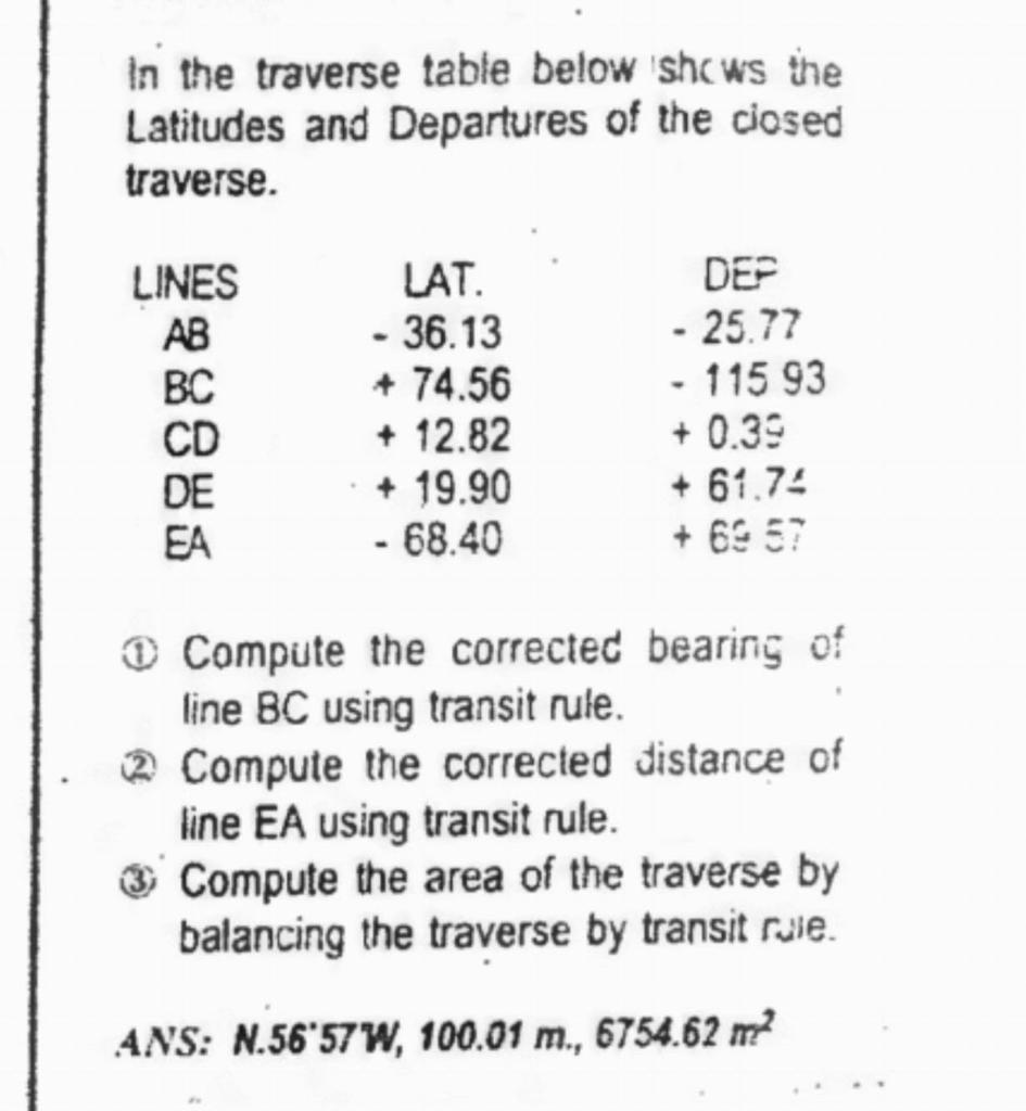 Solved in the traverse table below shows the Latitudes and | Chegg.com