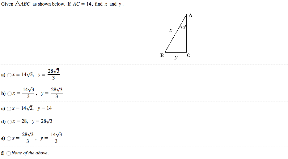 Solved Given AABC as shown below. If AC 14, find x and y 3 부 | Chegg.com