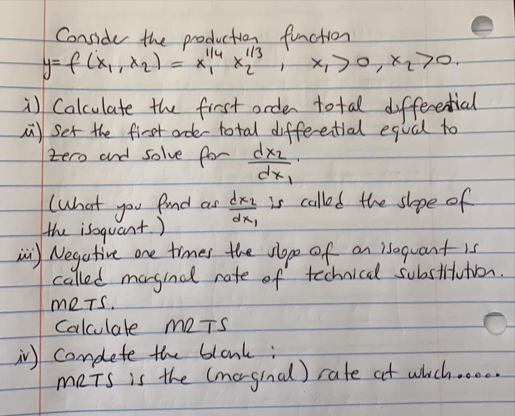 Solved consider the production function y = f(x1, x2) | Chegg.com