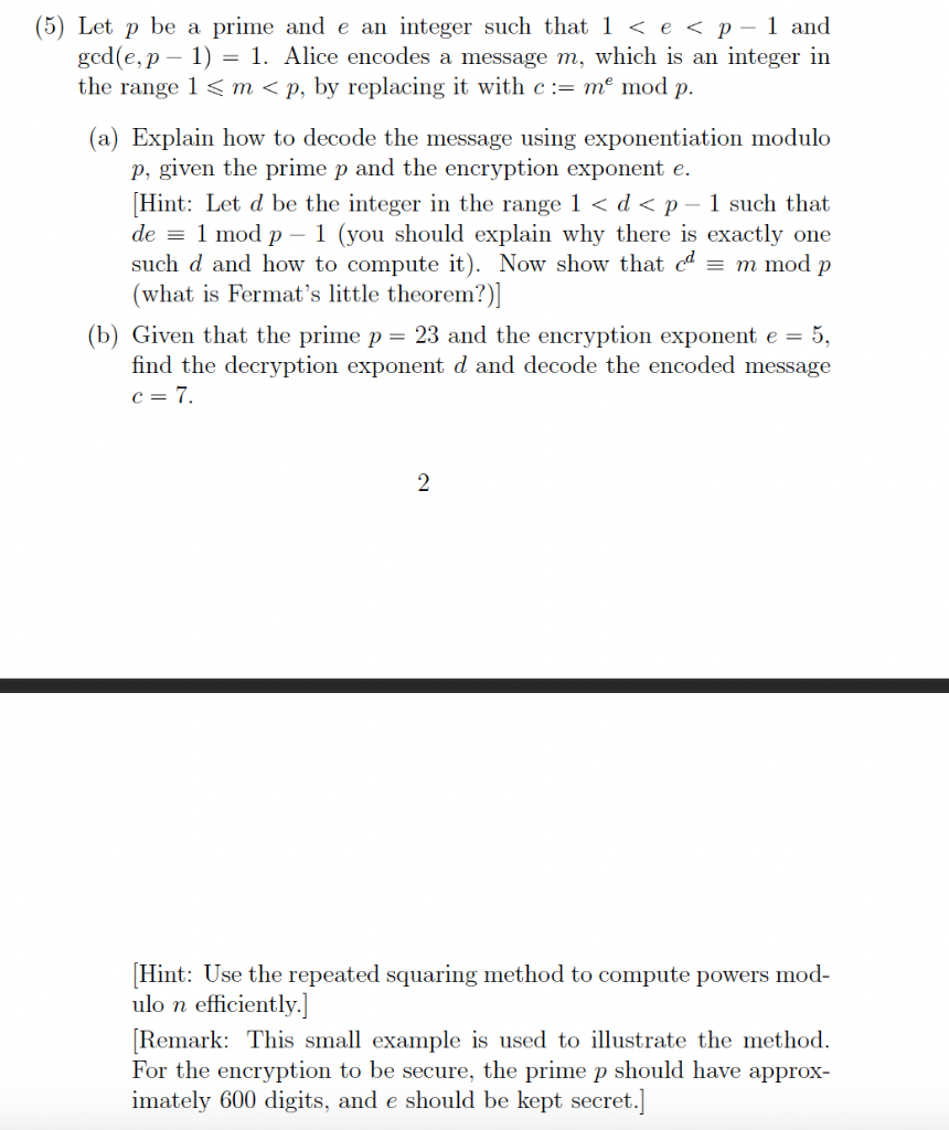 Solved (5) Let p be a prime and e an integer such that 1 | Chegg.com