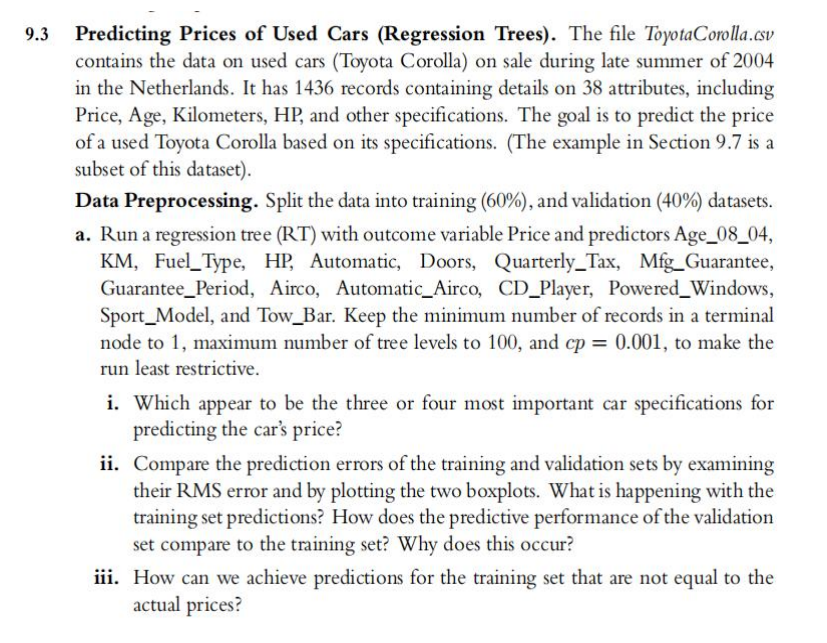 Predicting Prices of Used Cars (Regression Trees). | Chegg.com
