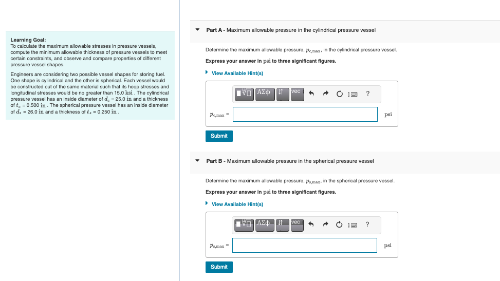 Solved Part A - Maximum allowable pressure in the | Chegg.com