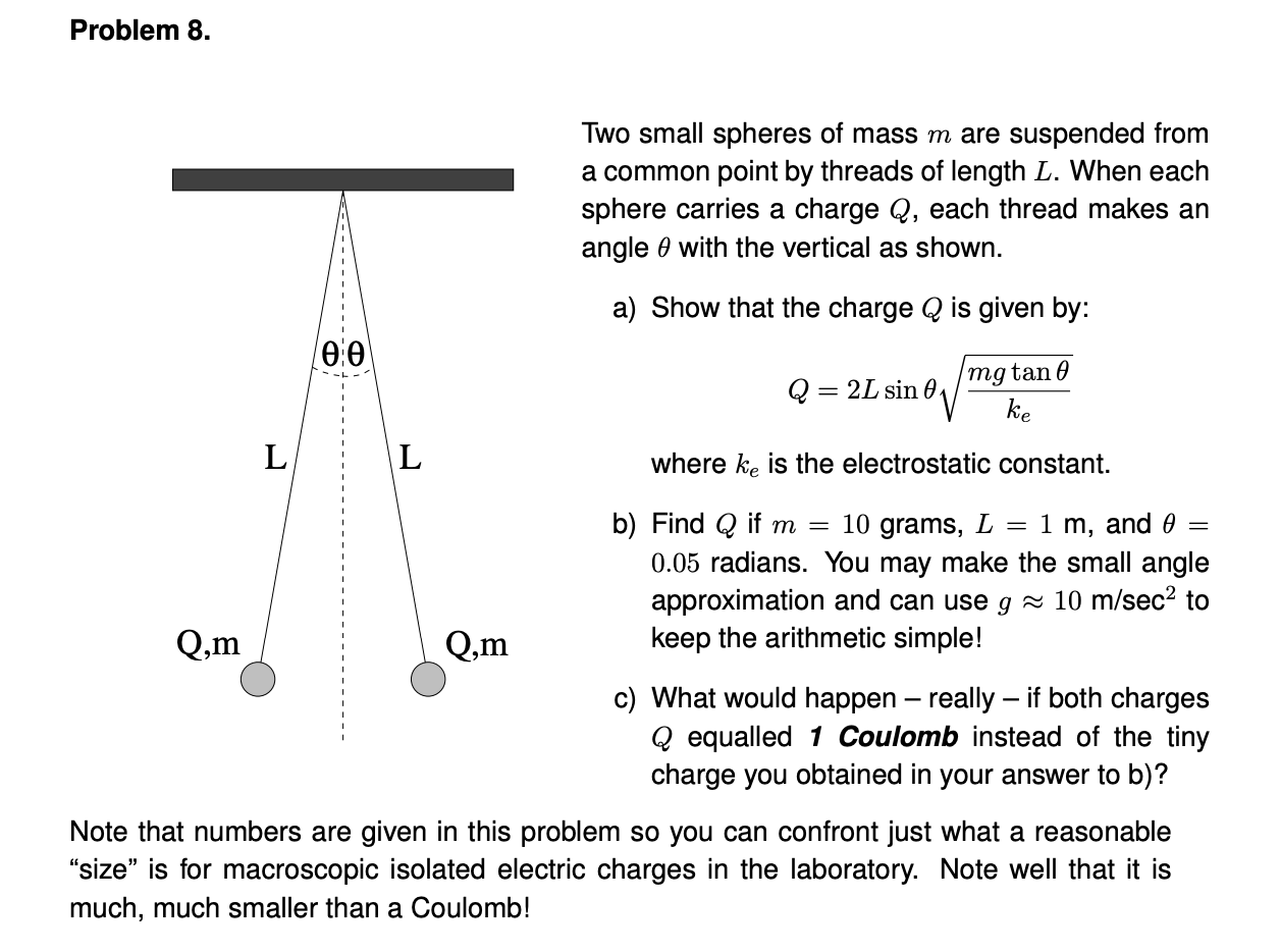 Solved Problem 8. Two small spheres of mass m are suspended | Chegg.com