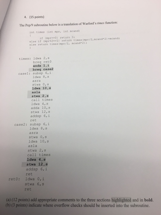 Solved 4 15 Points The Pep 9 Subroutine Below Is A