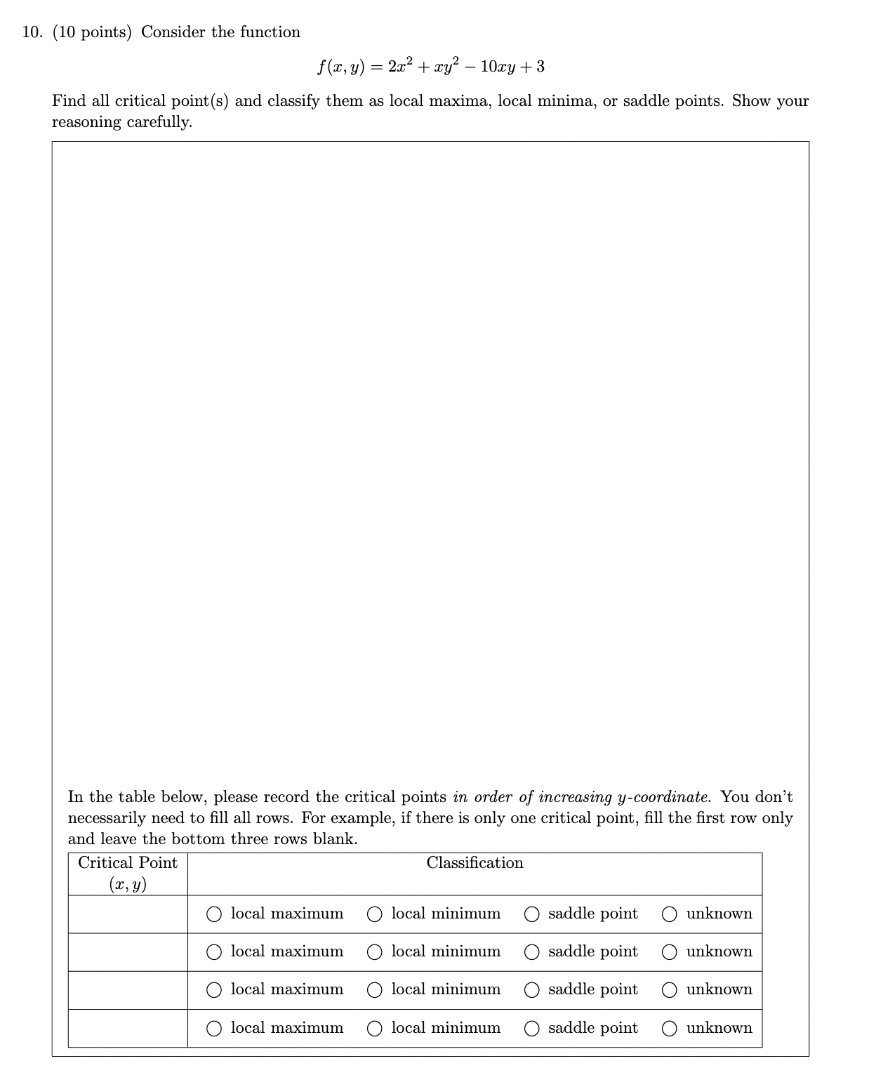 Solved 10. (10 points) Consider the function | Chegg.com
