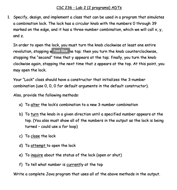 Solved CSC 236 - Lab 2 (2 programs) ADTS 1. Specify, design, | Chegg.com