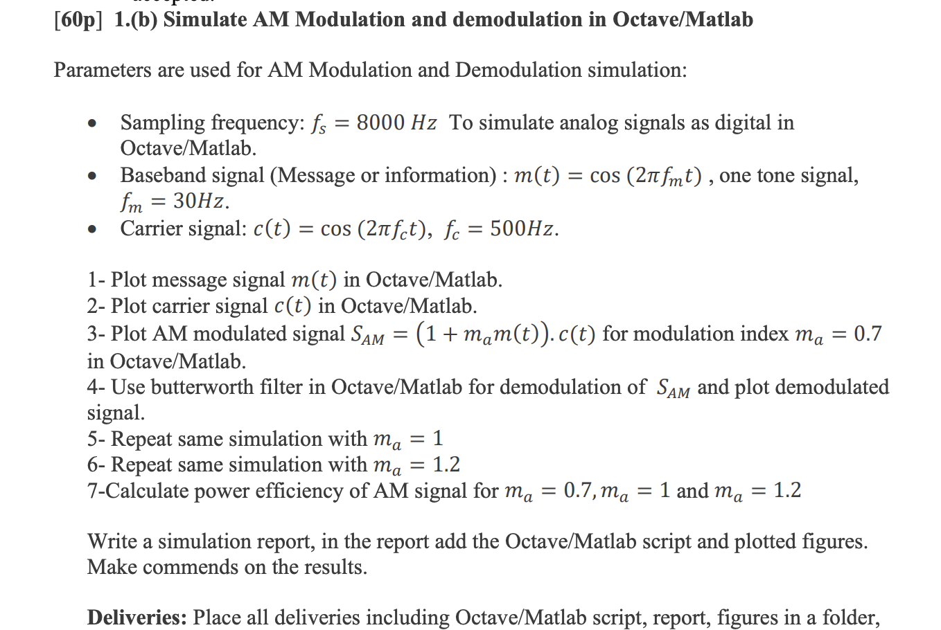 Solved [60p] 1.(b) Simulate AM Modulation and demodulation | Chegg.com