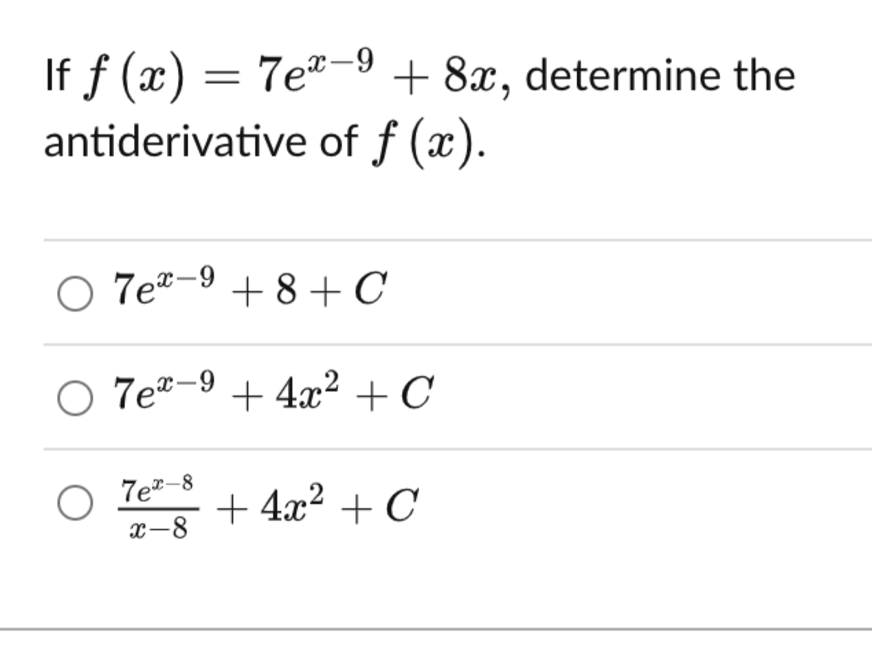 Solved If f(x)=7ex-9+8x, ﻿determine theantiderivative of | Chegg.com