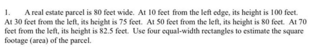 Solved 1. A real estate parcel is 80 feet wide. At 10 feet | Chegg.com