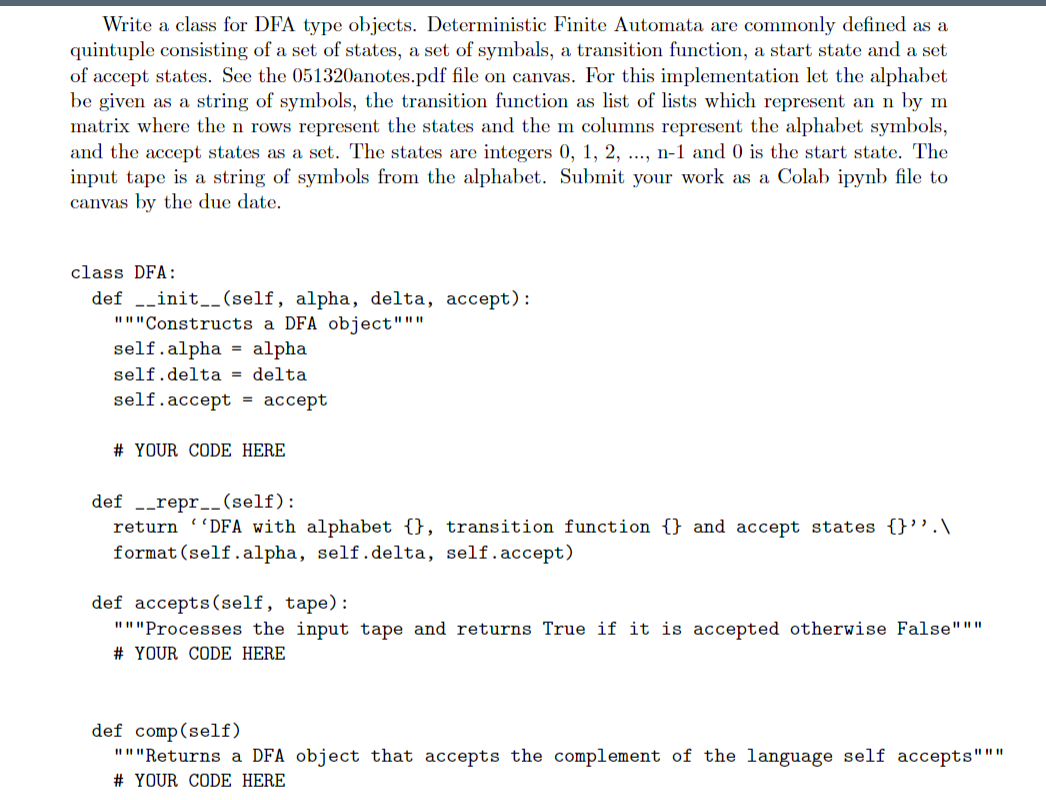 Write a class for DFA type objects. Must be done in | Chegg.com