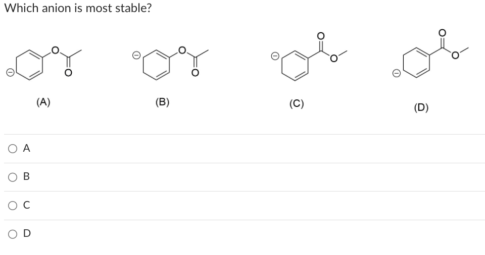 Which anion is most stable?(A)(B)(C)(D)ABCD | Chegg.com