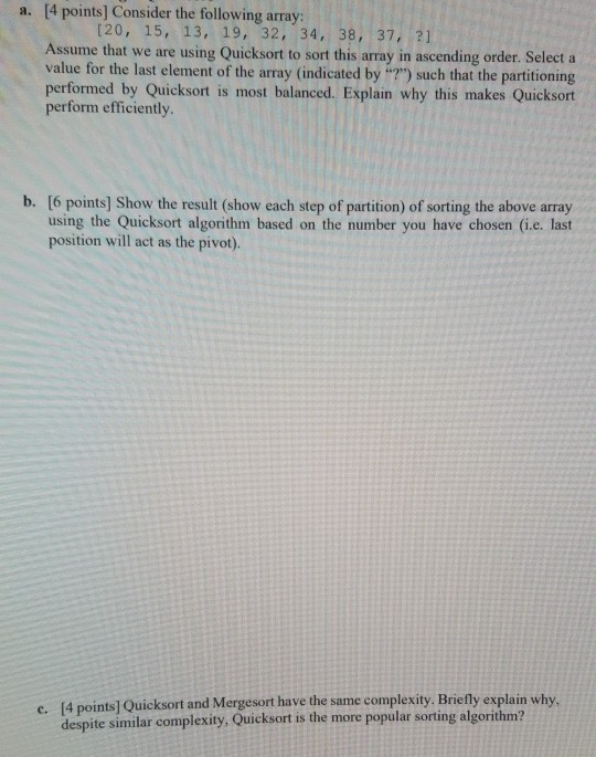 Solved a. [4 points] Consider the following array: [20, 15, | Chegg.com